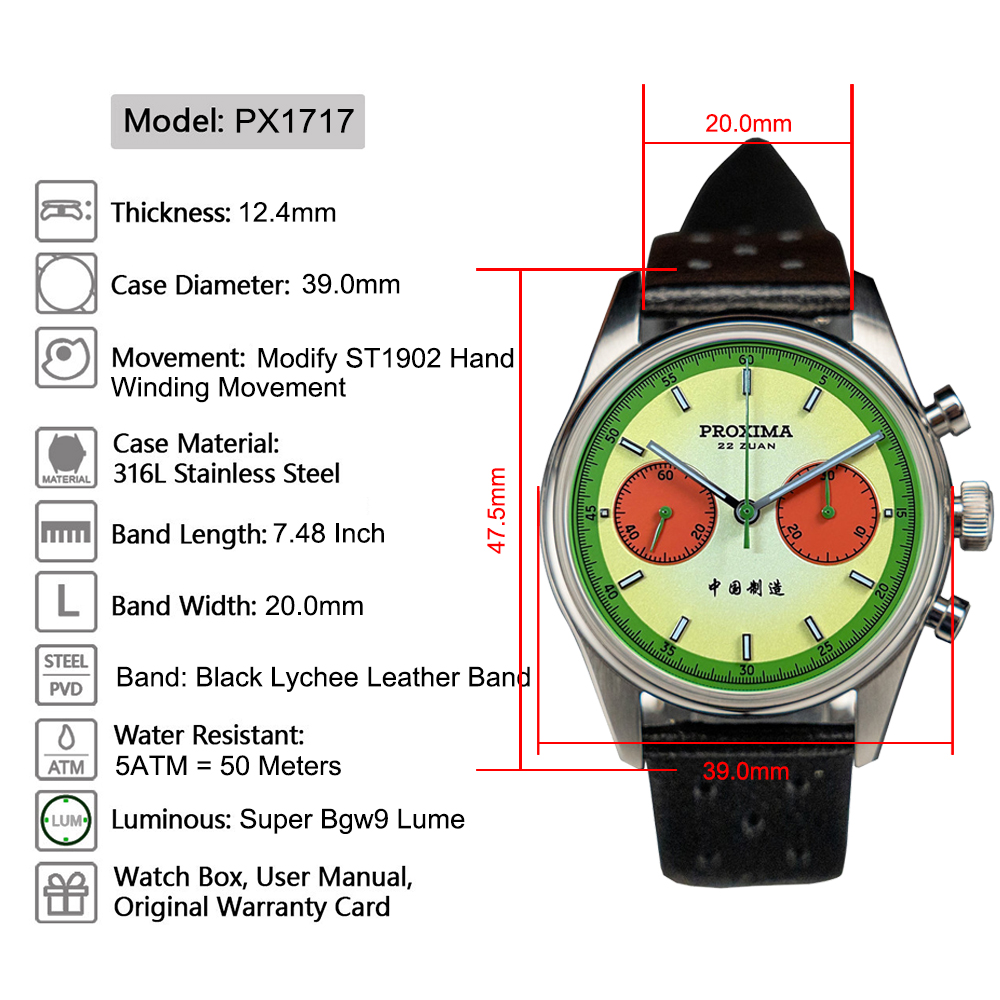 Proxima PX1717 Watermelon Dial Chronograph ST1902 Mechanical Domed ...